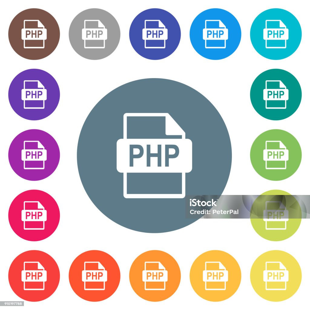 Php 檔案格式在圓形顏色背景上的平面白色圖示向量圖形及更多php 程式語言圖片 Php 程式語言 互聯網 圖標集 Istock