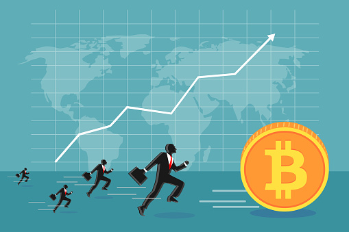Bitcoin 창조적인 그림을 쫓는 기업 들 감탄에 대한 스톡 벡터 아트 및 기타 이미지 감탄 경제 곡선 Istock