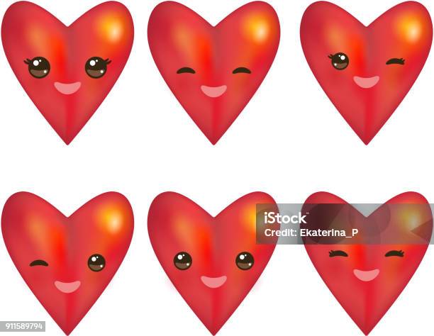 Desain Kartu Hari Valentine Dengan Hati Merah Kawaii Dengan Pipi Merah