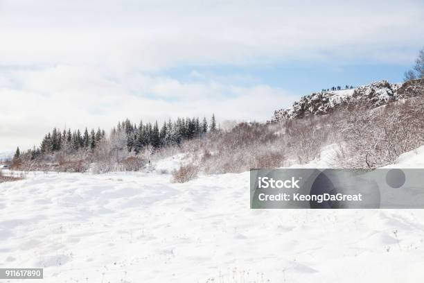 Thingvellir 국립 공원 또는 더 잘 알려진 겨울 동안 아이슬란드 Pingvellir 국립 공원 강에 대한 스톡 사진 및