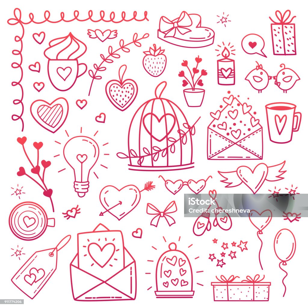 Sketsa Vektor Tangan Digambar Doodles Kartun Set Cinta Dan Valentine