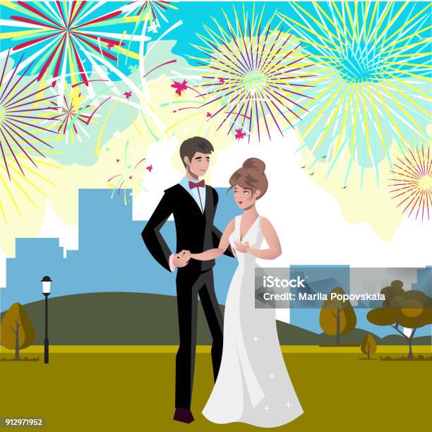 Carte Dinvitation De Mariage Avec Couple Et Feu Dartifice Vecteurs