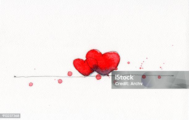 2 수채화 마음 한 줄 손으로 종이에 그린 수채화 그림 그림 세트 두 물체에 대한 스톡 벡터 아트 및 기타 이미지 두 물체