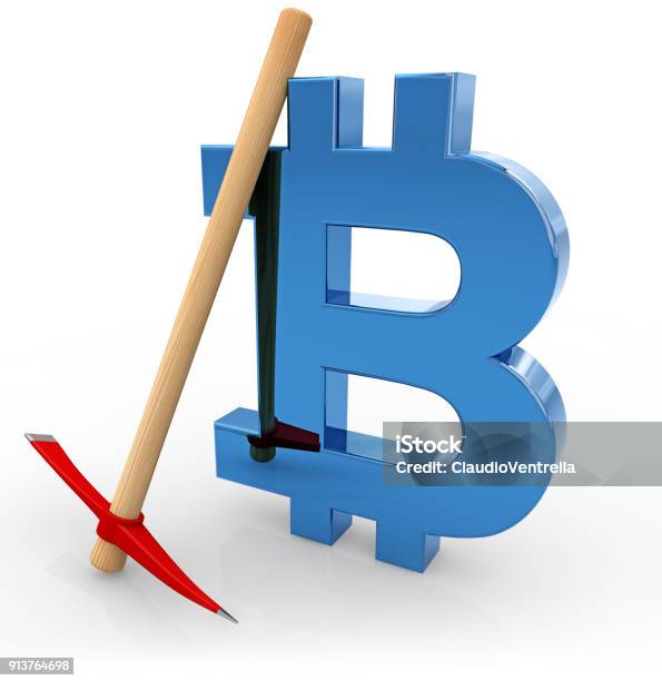 Bitcoin 기호와 Pickaxe 흰색 절연 3차원 형태에 대한 스톡 사진 및 기타 이미지 3차원 형태 가상현실 개념