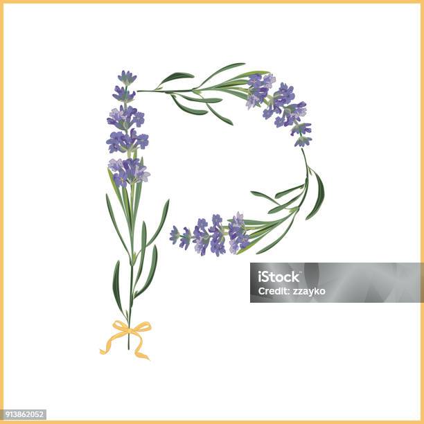 Huruf P Monogram Alfabet Tanda Retro Dengan Inisial Bunga Lavender