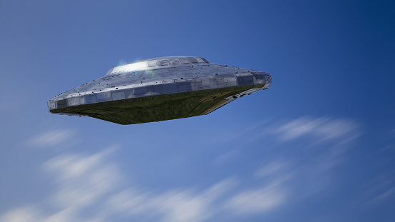 Ufo 외계인 우주선과 과학 소설 장면 비행 접시 에서 방문자 3차원 형태에 대한 스톡 사진 및 기타 이미지 3차원 형태