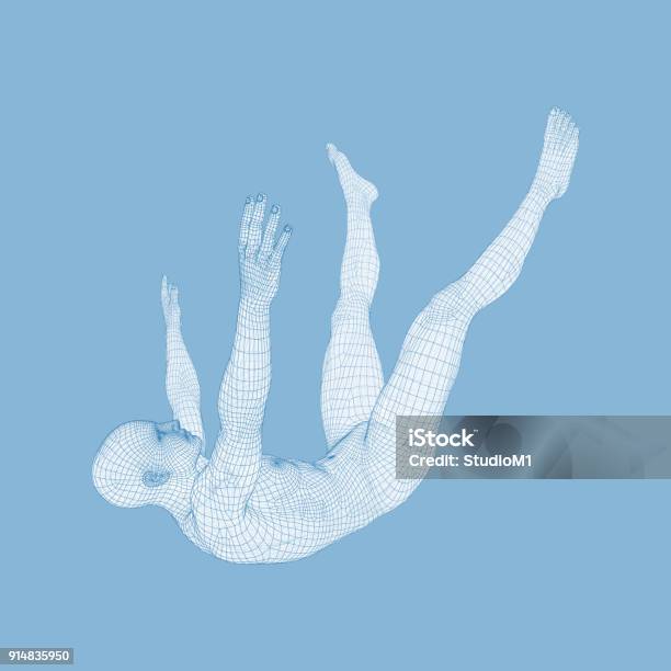 3d 사람 미 끄 러 지 고입니다 남자의 실루엣 아래로 떨어 남자 인체 모델의 3 차원 모델입니다 벡터 일러스트입니다 3차원