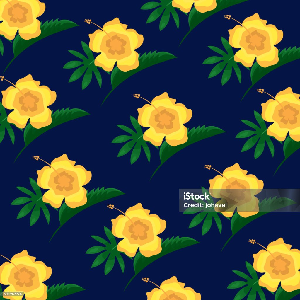 Hibiscus Flower Tropical Leaves Decoration Seamless Pattern Stock