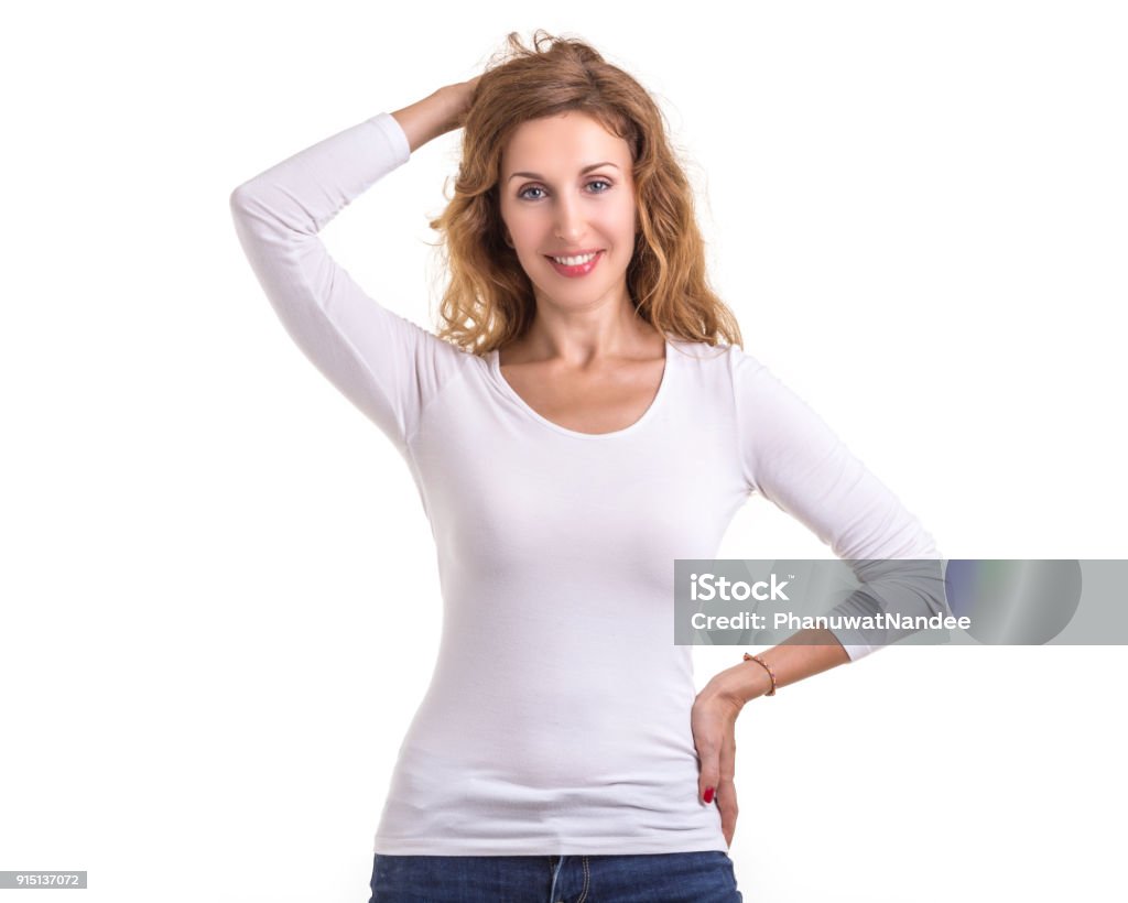 Foto De Linda Mulher Caucasiana Usar Jeans E Camisa Branca Estúdio Tiro