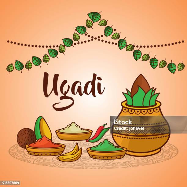 Ugadi 세라믹 냄비 음식 향신료 코코넛 장식 전통 1에 대한 스톡 벡터 아트 및 기타 이미지 1 건강한 생활방식 결정