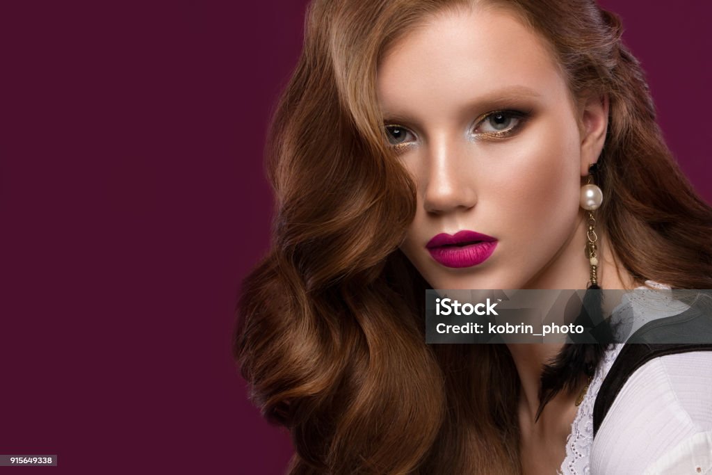 Beautiful Redhair Model Curls Bright Gold Makeup Jewelry And Red Lips