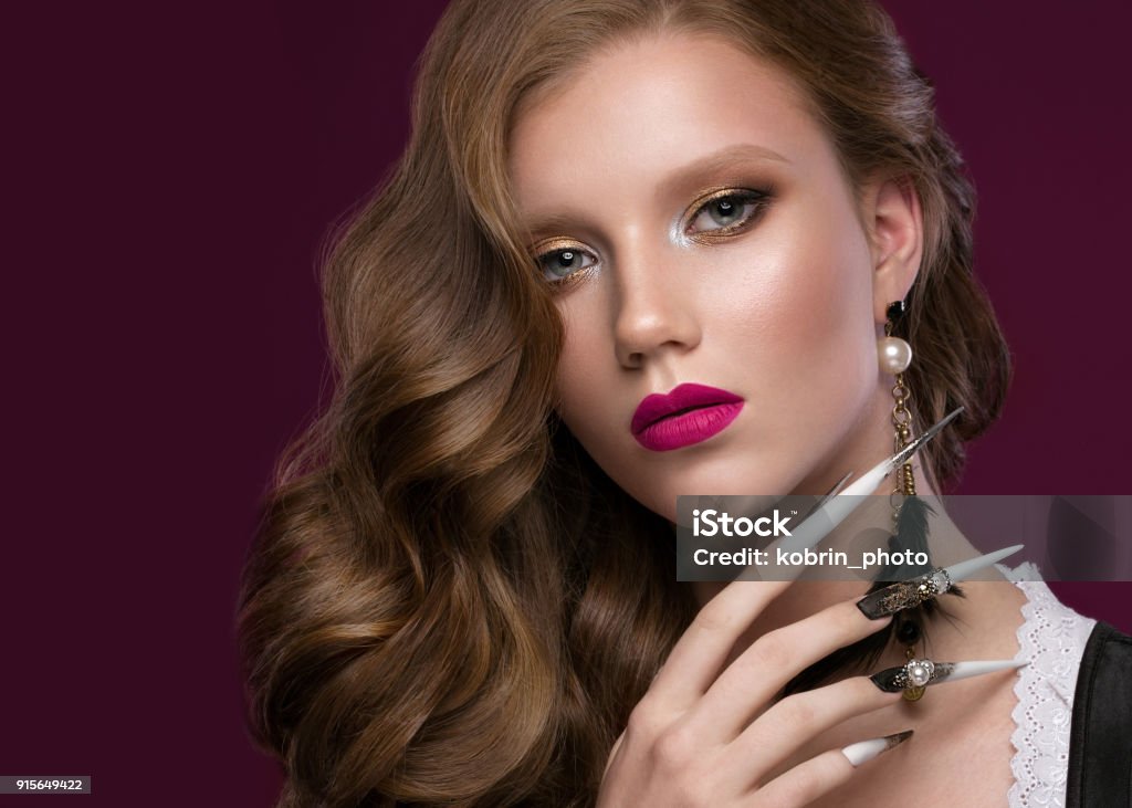 Beautiful Redhair Model Curls Bright Gold Makeup Long Nails And Red