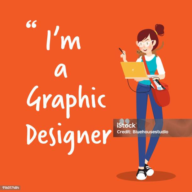 Karakter Desainer Grafis Dengan Laptop Di Latar Belakang Oranye