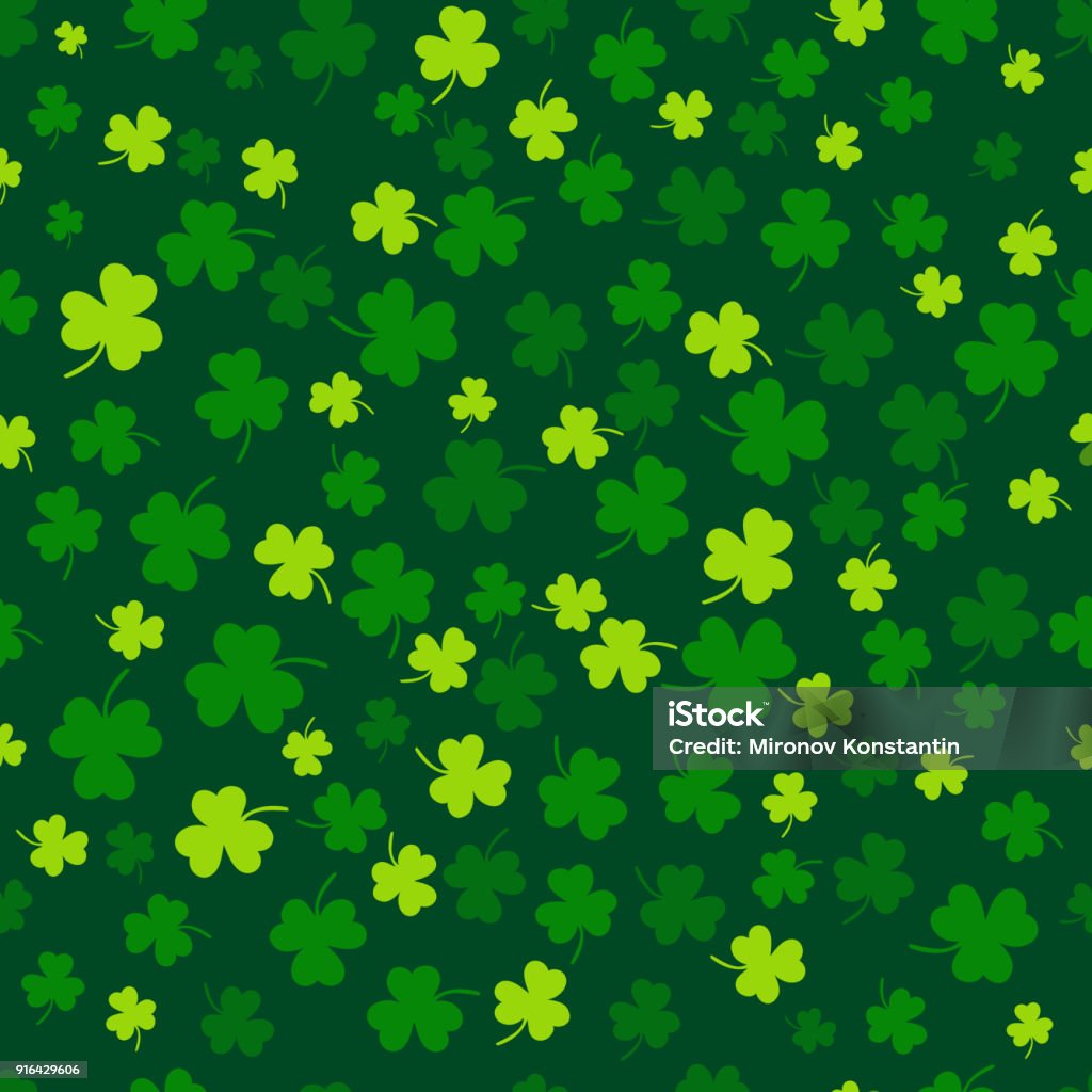 Seamless Clover Leaf Flat Design Green Pattern Falling On Dark Green