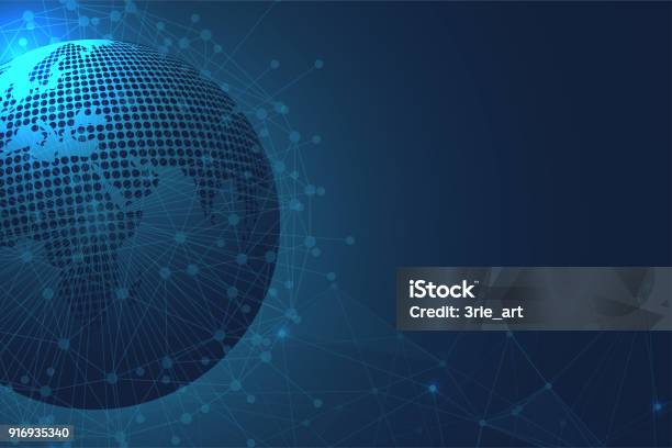 Abstract Binary World Map With Blue Polygonal Space Background With Connecting Dots And Lines