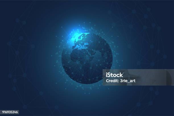 Abstract Binary World Map With Blue Polygonal Space Background With Connecting Dots And Lines