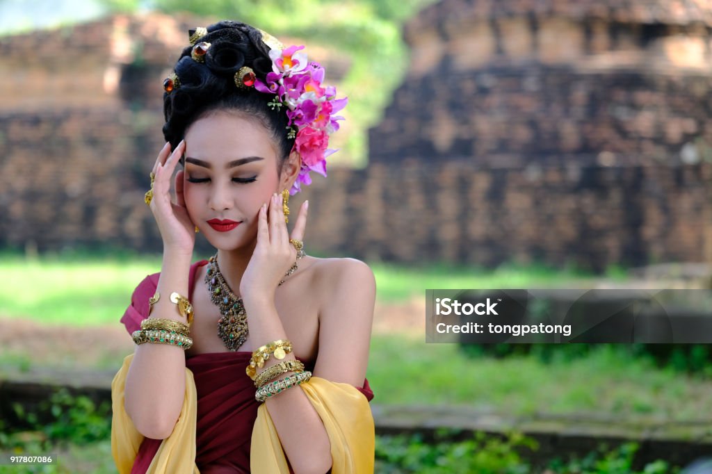 Beautiful Thai Girl In Traditional Dress Costume In Choeng Tha As Thai
