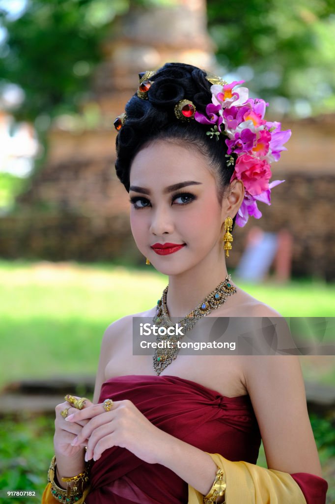 Beautiful Thai Girl In Traditional Dress Costume In Choeng Tha As Thai