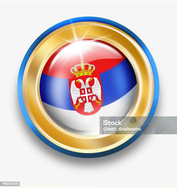 Serbia Golden Button With Serbian Flag Isolated On White Stock