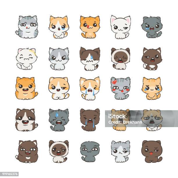 Niedlichen Cartoon Katzen Und Hunde Mit Verschiedenen Emotionen