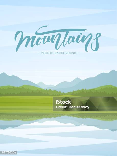 Ilustración De Vector Ilustración Paisaje Lago De Montaña Vertical Con