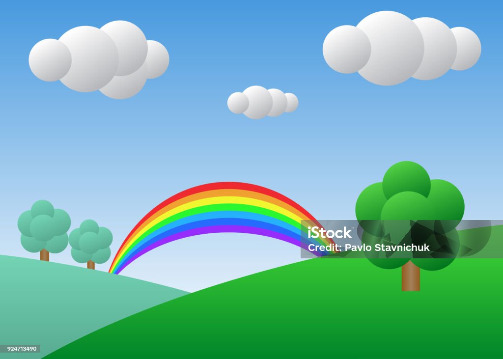 Lapangan Dengan Pohon Dan Pelangi Hari Cerah Dengan Langit Biru Vektor ... Lapangan Dengan Pohon Dan Pelangi Hari Cerah Dengan Langit Biru Vektor ...