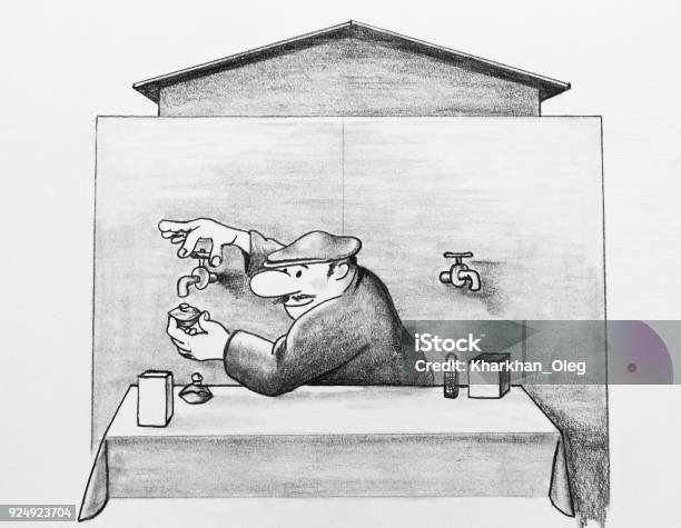 Seorang Pria Menuangkan Air Ke Dalam Botol Ilustrasi Stok Unduh