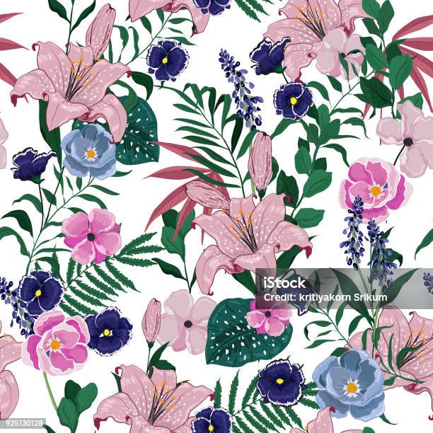 Musim Panas Taman Pola Bunga Dalam Banyak Jenis Bunga Motif Botani