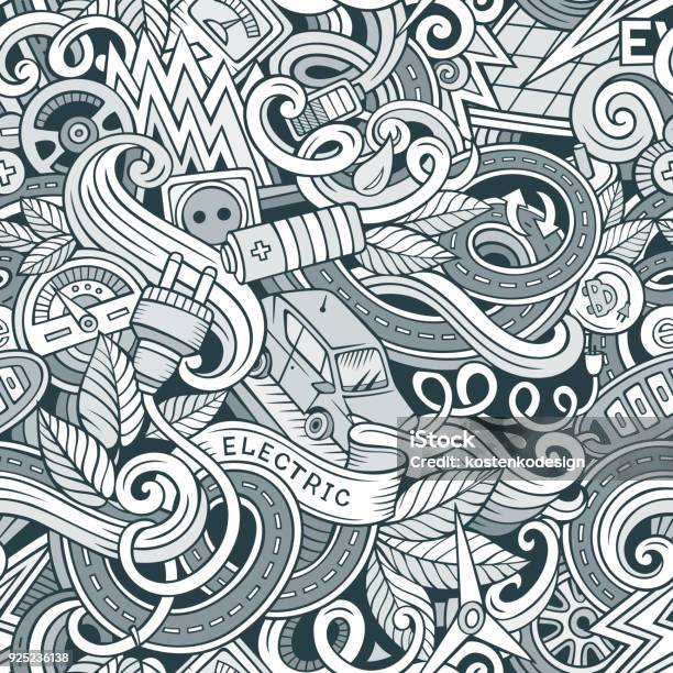 Kartun Lucu Doodles Tangan Ditarik Kendaraan Listrik Pola Mulus