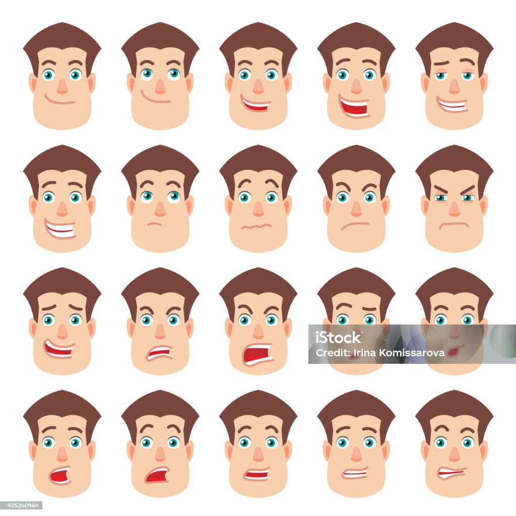 Kartun Man Ekspresi Wajah Yang Berbeda Ilustrasi Stok Unduh Gambar
