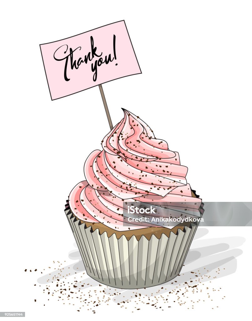 Ilustración de Cupcake Con Crema Rosa Y Topper Pick Gracias Texto Sobre ... Ilustración de Cupcake Con Crema Rosa Y Topper Pick Gracias Texto Sobre ...