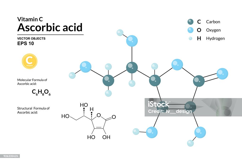 Structurele Chemische Molecuulformule En Model Van Ascorbinezuur Atomen