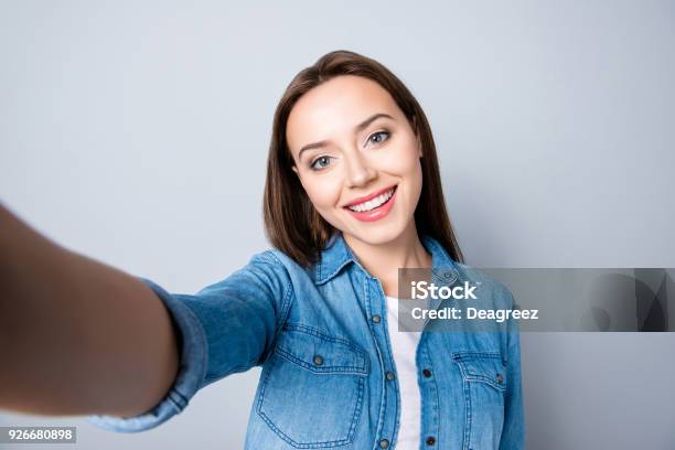Selfie Mania Close Up Of Confident Brunette Girl With Beaming Smile In