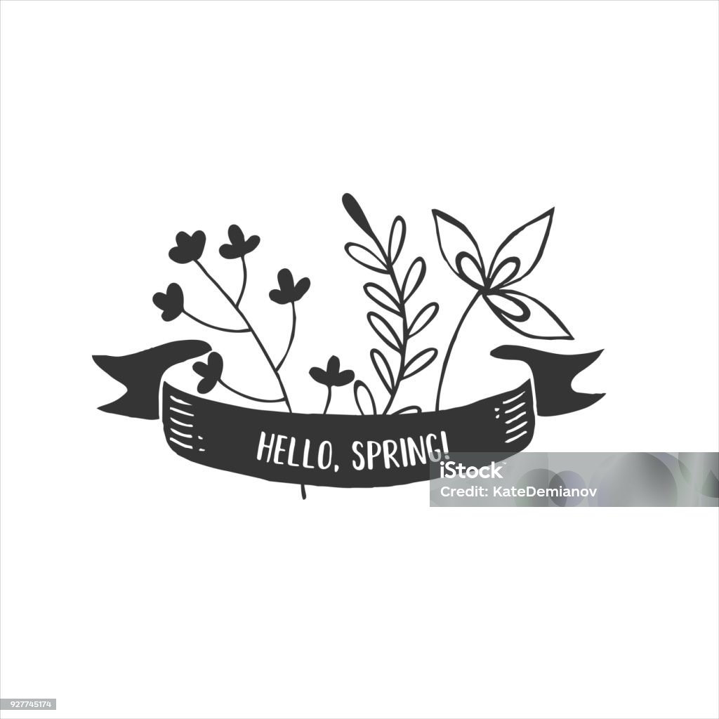 Bunga Dan Pita Dengan Tulisan Tangan Digambar Ilustrasi Vektor