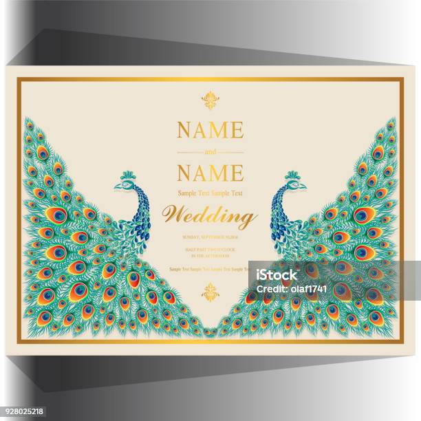 Wedding Invitation Card Templates With Gold Peacock Feathers Patterned