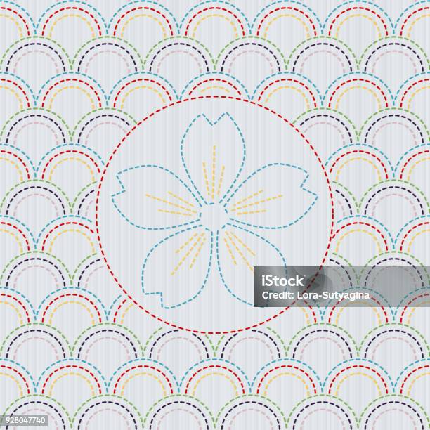 Sashiko 패턴입니다 피 사쿠라 꽃입니다 원활한 개화기에 대한 스톡 벡터 아트 및 기타 이미지 개화기 계절 공예 제품