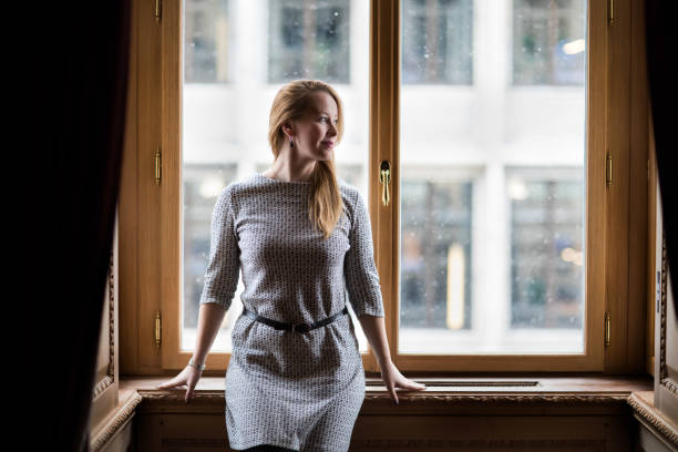 Free picture: blonde hair, young woman, looking, window, facade ...