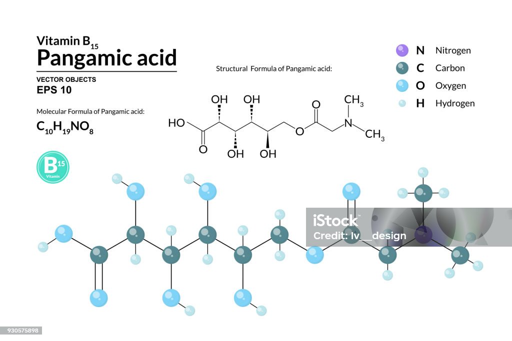 Formula Molekul Kimia Struktural Dan Model Asam Pangamic Atom Diwakili