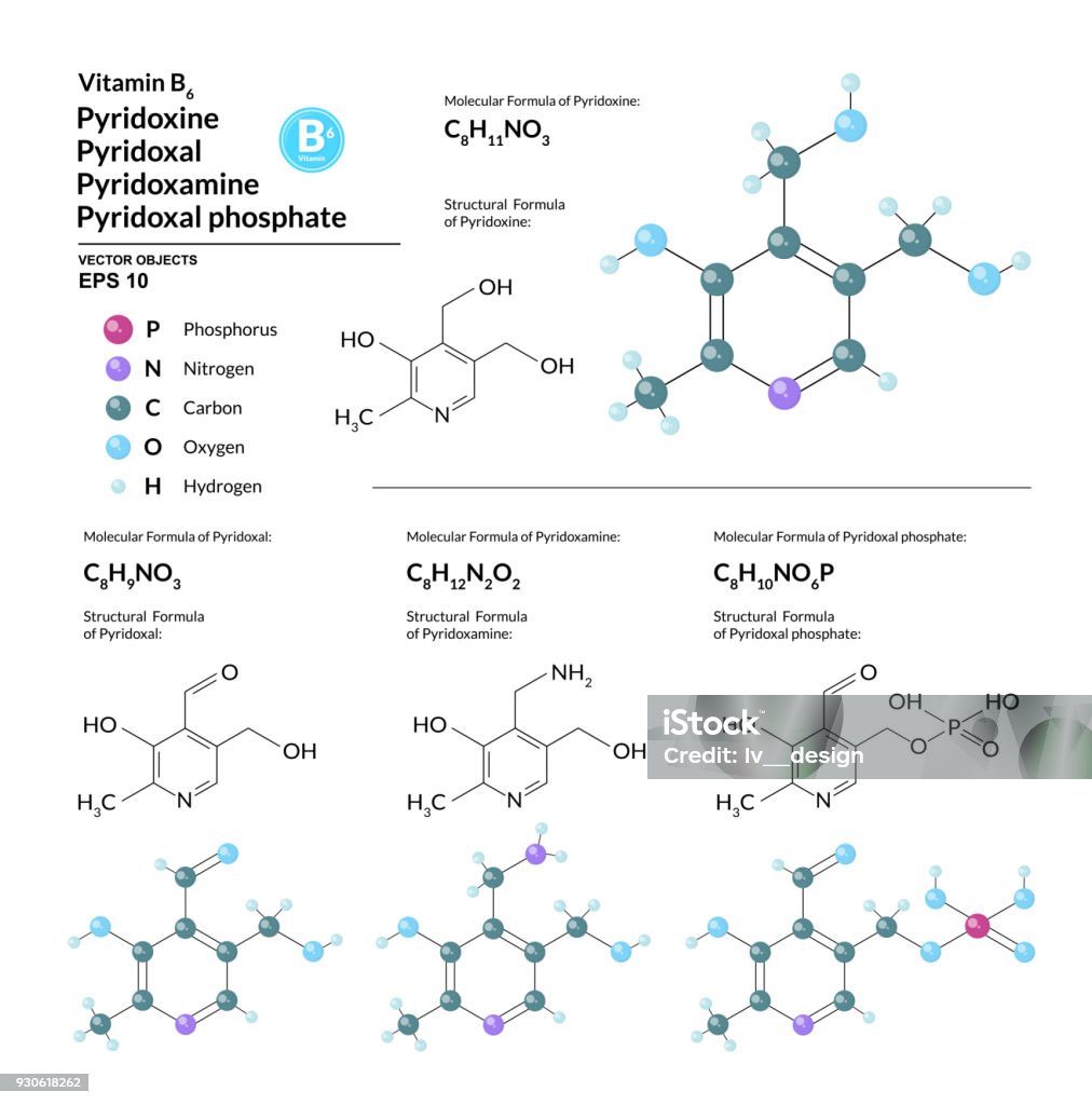 Formula Molekul Kimia Struktural Dan Model Vitamin B6 Atom Diwakili