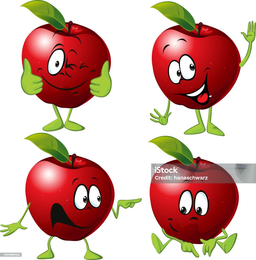 Kartun Apel Merah Dengan Gerakan Wajah Dan Tangan Ilustrasi Vektor