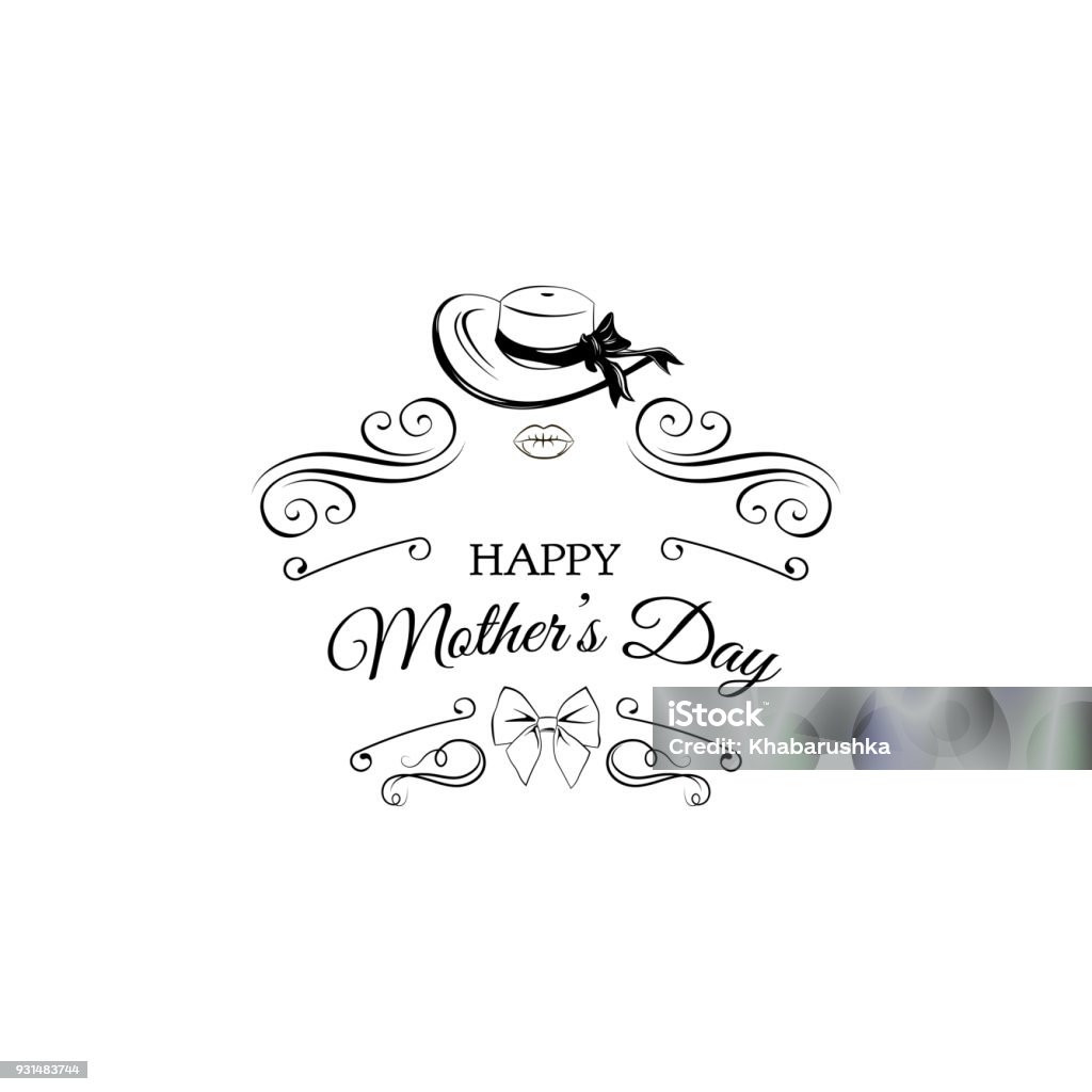 Happy Mothers Day Greeting Card Widebrimmed Hat Bow And Lips Vector