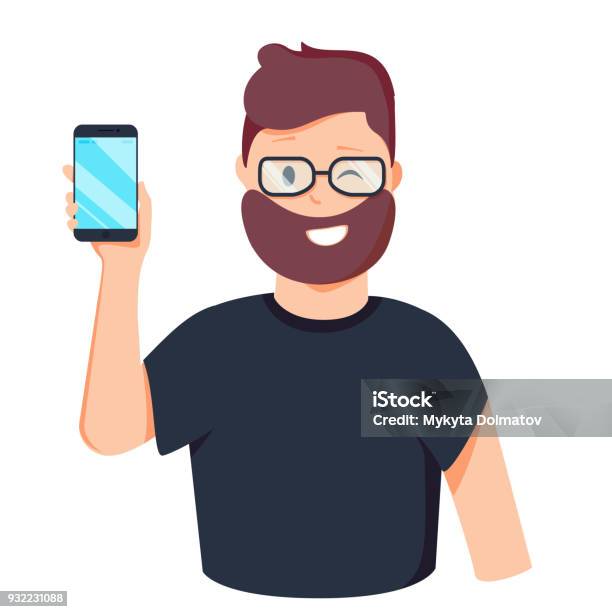 Man Is Showing The Phone People And Gadgets Vector Illustration In