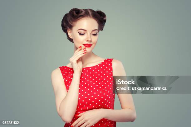 Pin Up Girl Vintage Beautiful Woman Pinup Style Portrait In Retro Dress