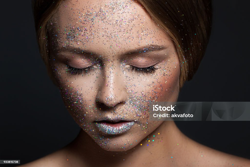 Fashion Beauty Glamor Girl Face In Glistening Powder Closeup Portrait
