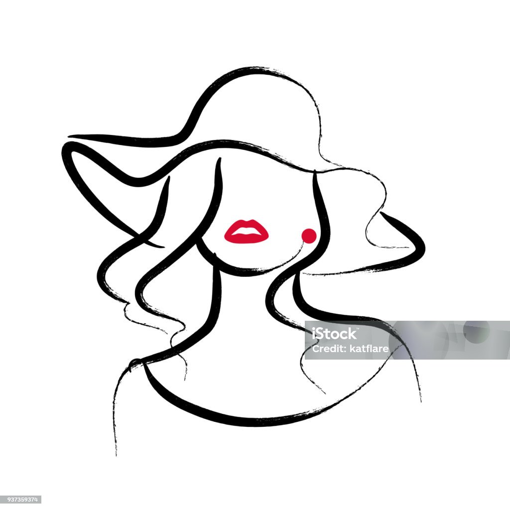 Vector Artistic Hand Drawn Stylish Young Lady Portrait Isolated On