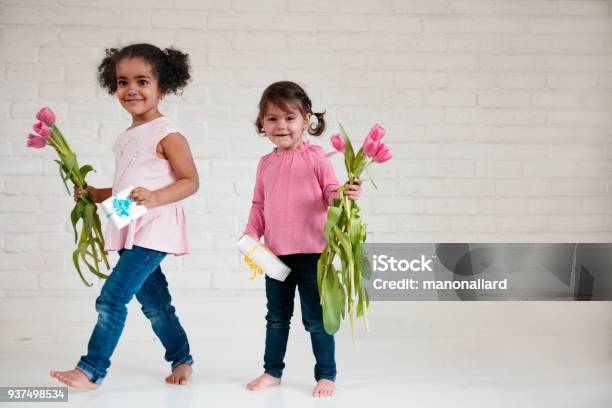 Dua Gadis Kecil Multietnis Memegang Hadiah Dan Tulip Untuk Hari Ibu ... Dua Gadis Kecil Multietnis Memegang Hadiah Dan Tulip Untuk Hari Ibu ...