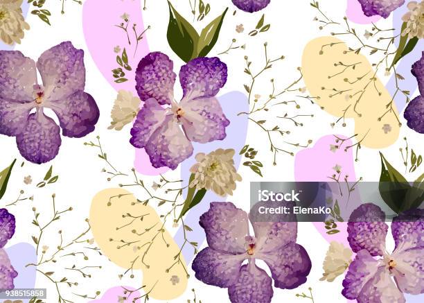 Desain Bunga Pola Mulus Anggrek Ungu Dengan Bunga Liar Daun Dan Tanaman
