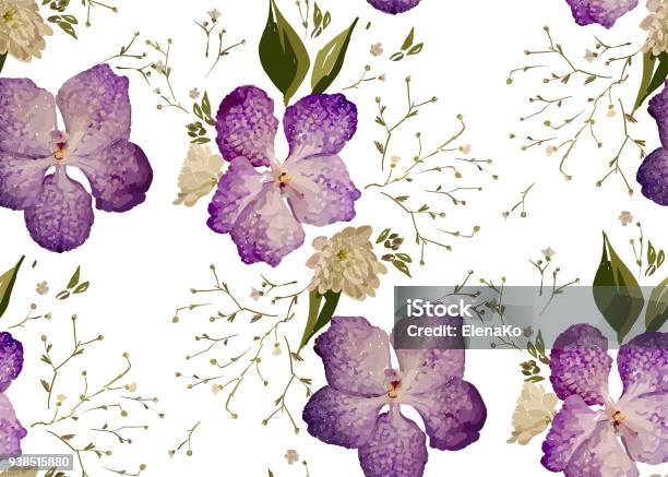 Desain Bunga Pola Mulus Anggrek Ungu Dengan Bunga Liar Daun Dan Tanaman