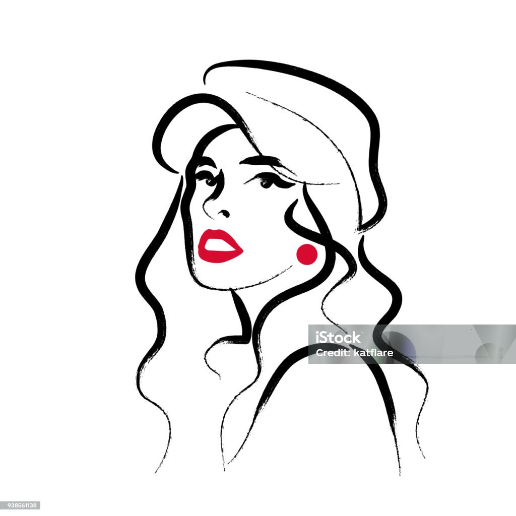 Vector Artistic Hand Drawn Stylish Young Lady Portrait Isolated On