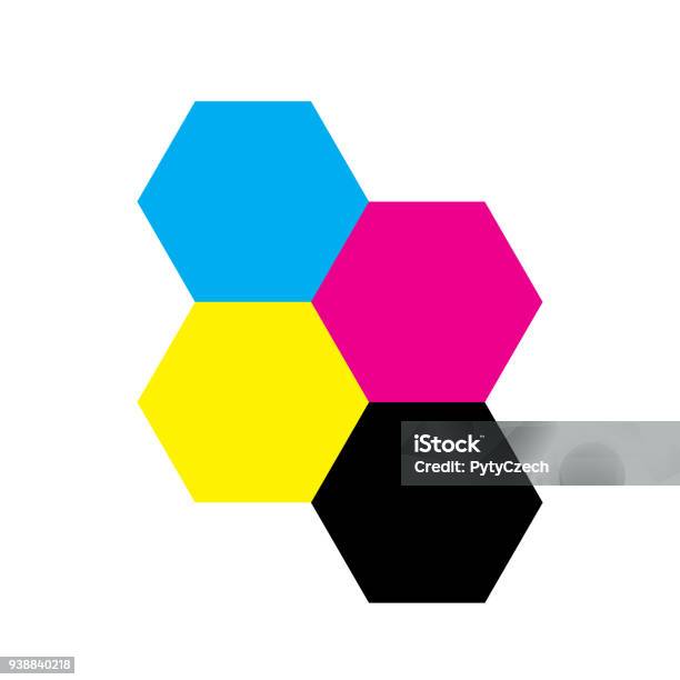 Cmyk 색상에 4 개의 육각형입니다 프린터 테마입니다 벡터 일러스트 레이 션 로고에 대한 스톡 벡터 아트 및 기타 이미지
